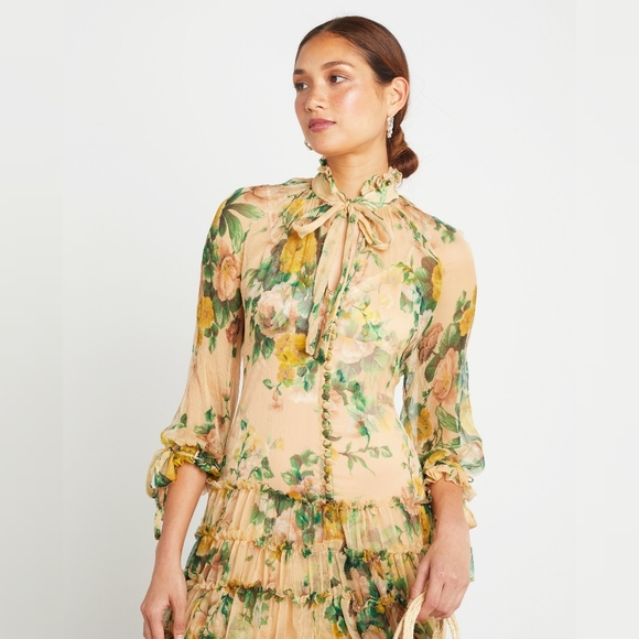 O.P.T. | Dresses | Opt Floral Beige Ruffled Tiered Midi Dress S | Poshmark